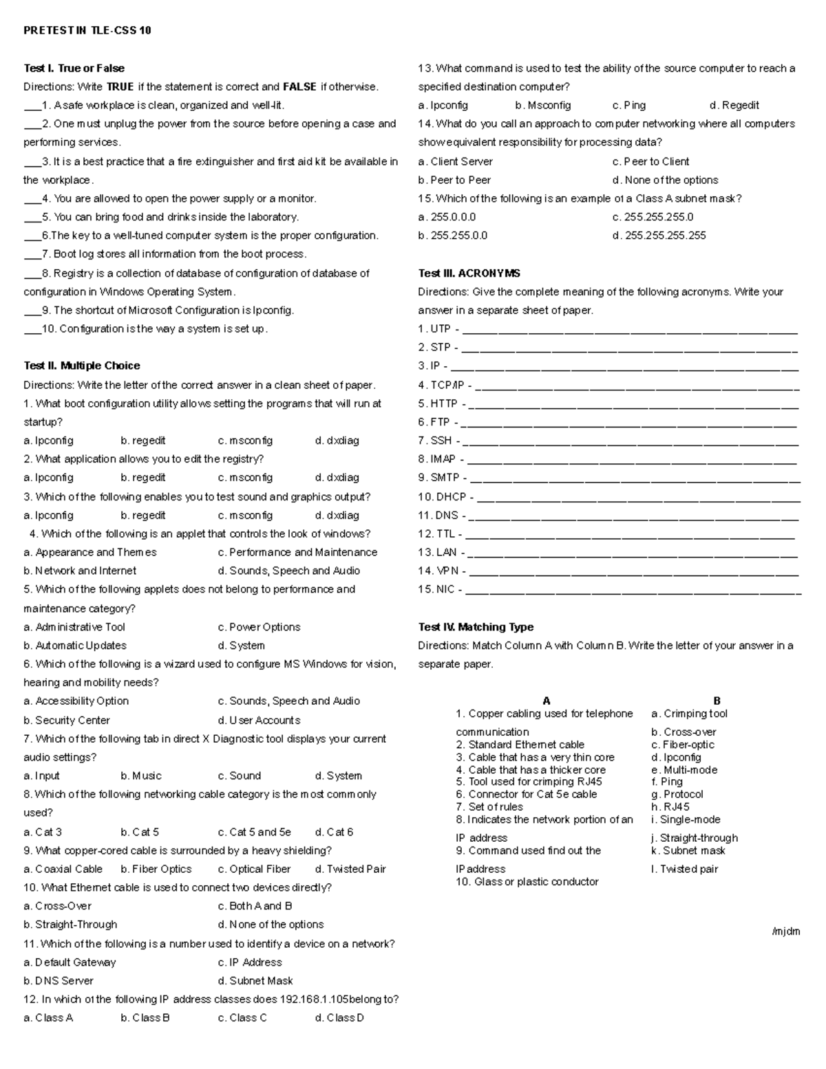 322709368 Pretest in TLE CSS 10 - PRETEST IN TLE-CSS 10 Test I. True or ...