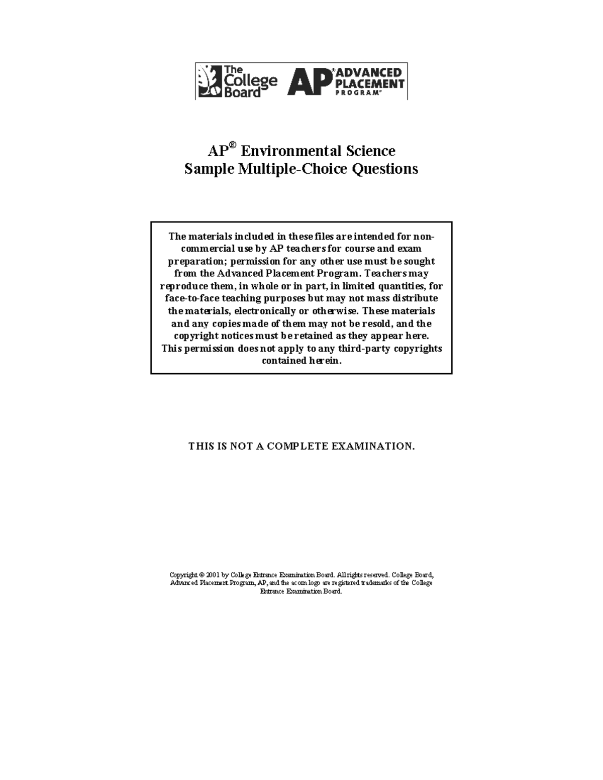 APES Sample Multipple Choice Questions - AP Æ Environmental Science ...