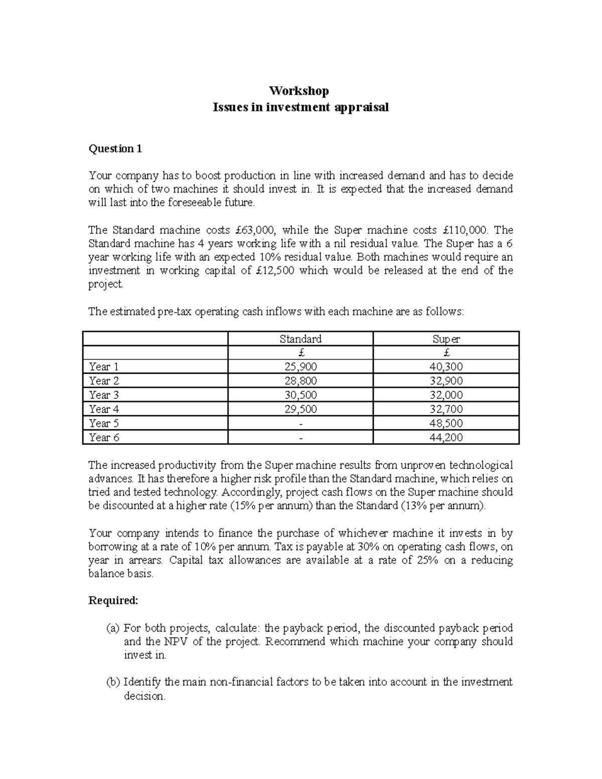 Investment Appraisal Further Issues - Workshop Issues in investment ...