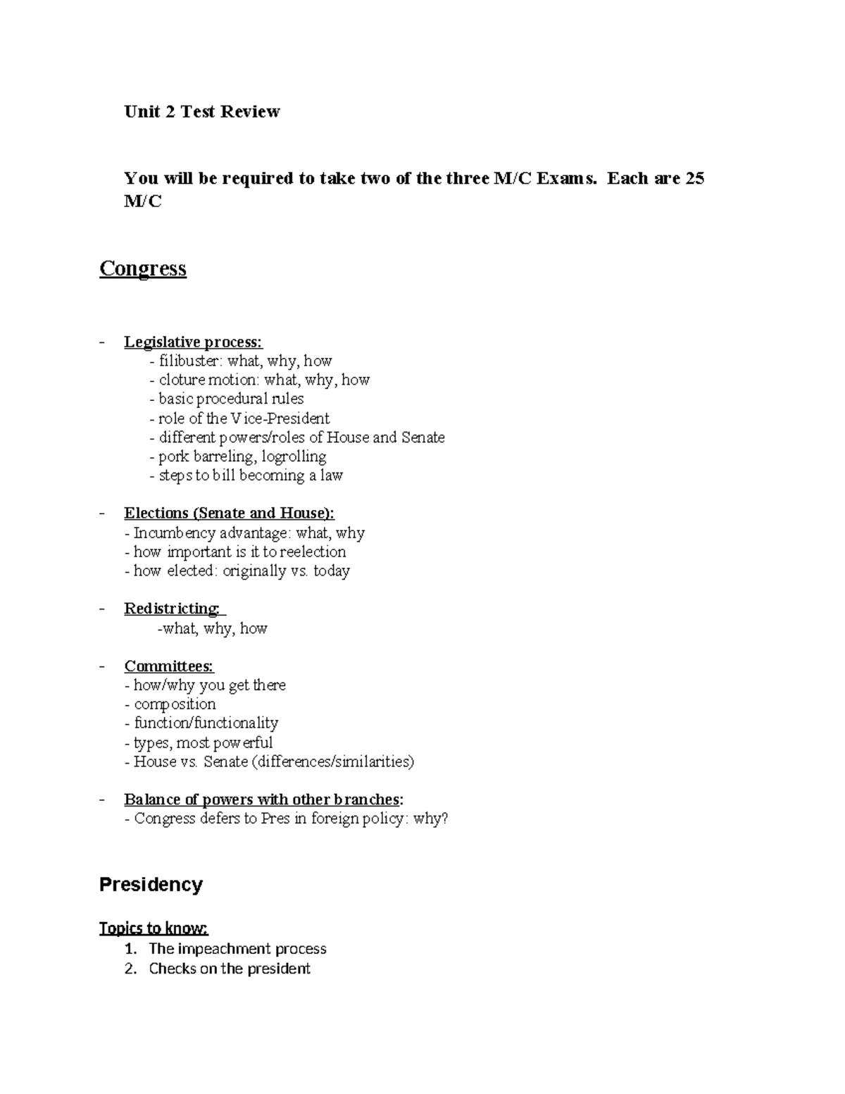 Unit 2 Test Review - Unit 2 Test Review You will be required to take ...