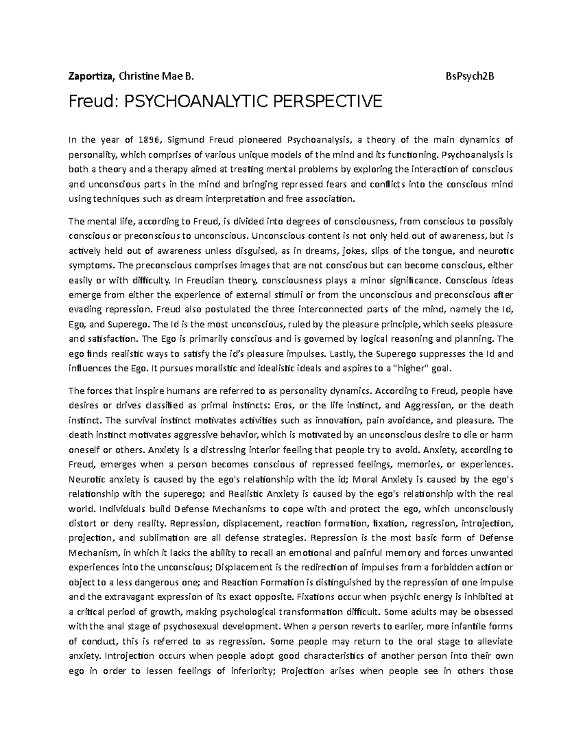 Chapter Summary - Freud's Psychoanalysis Perspective - Bs education ...