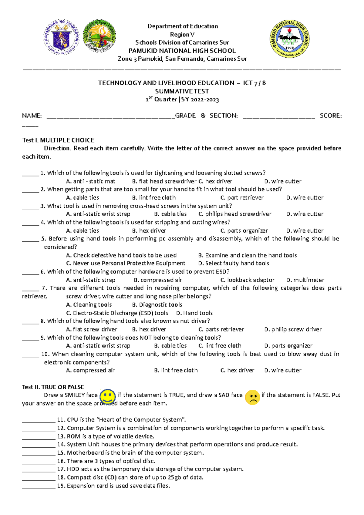 Summative - TEST - Department of Education Region V Schools Division of ...