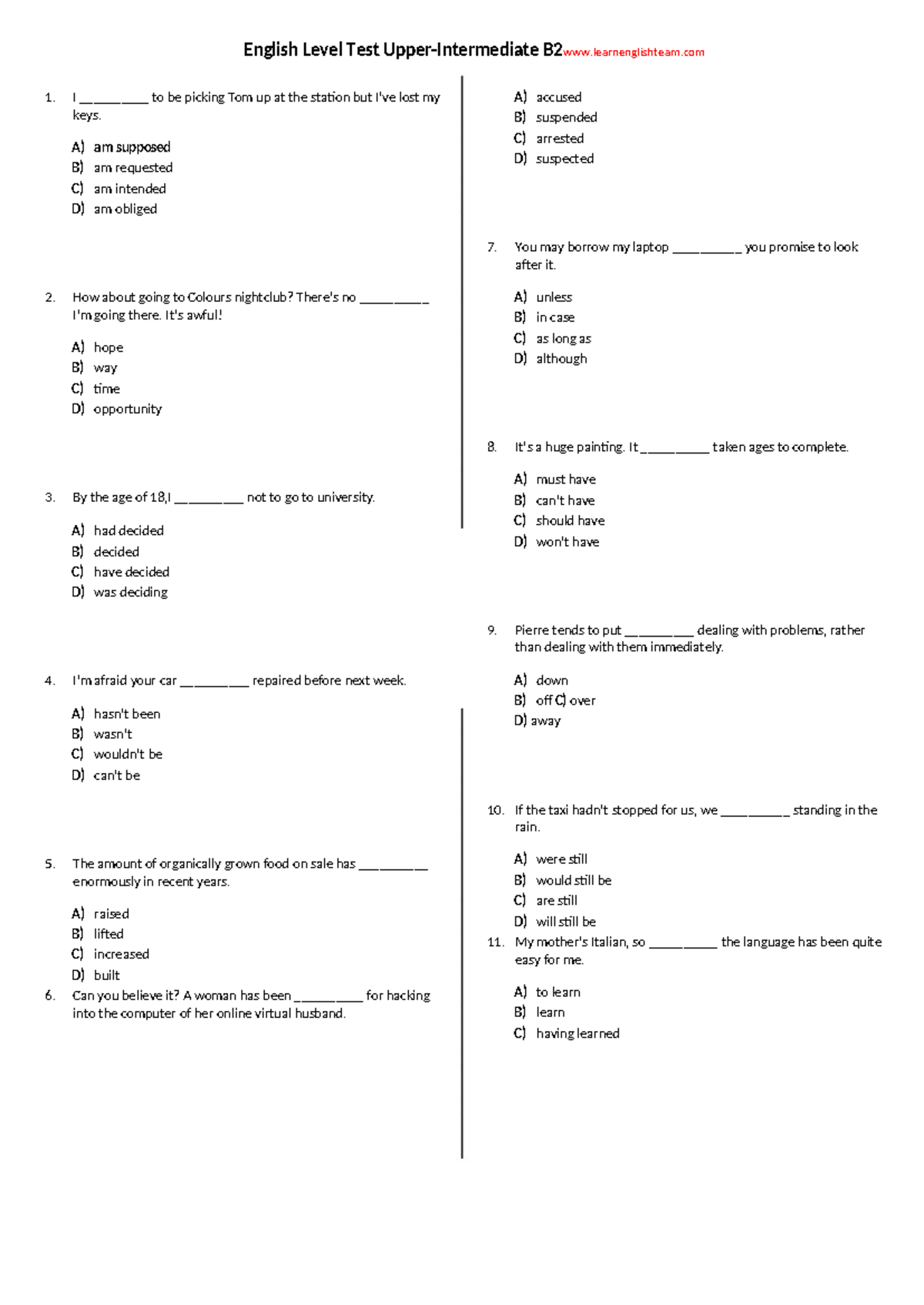 Test 1 - need solve - English Level Test Upper-Intermediate ...