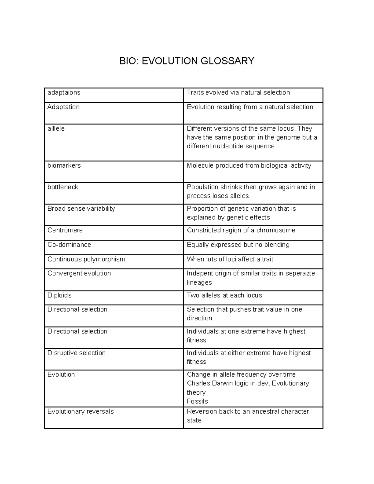 BIO Evolution Glossary - BIO: EVOLUTION GLOSSARY adaptaions Traits ...
