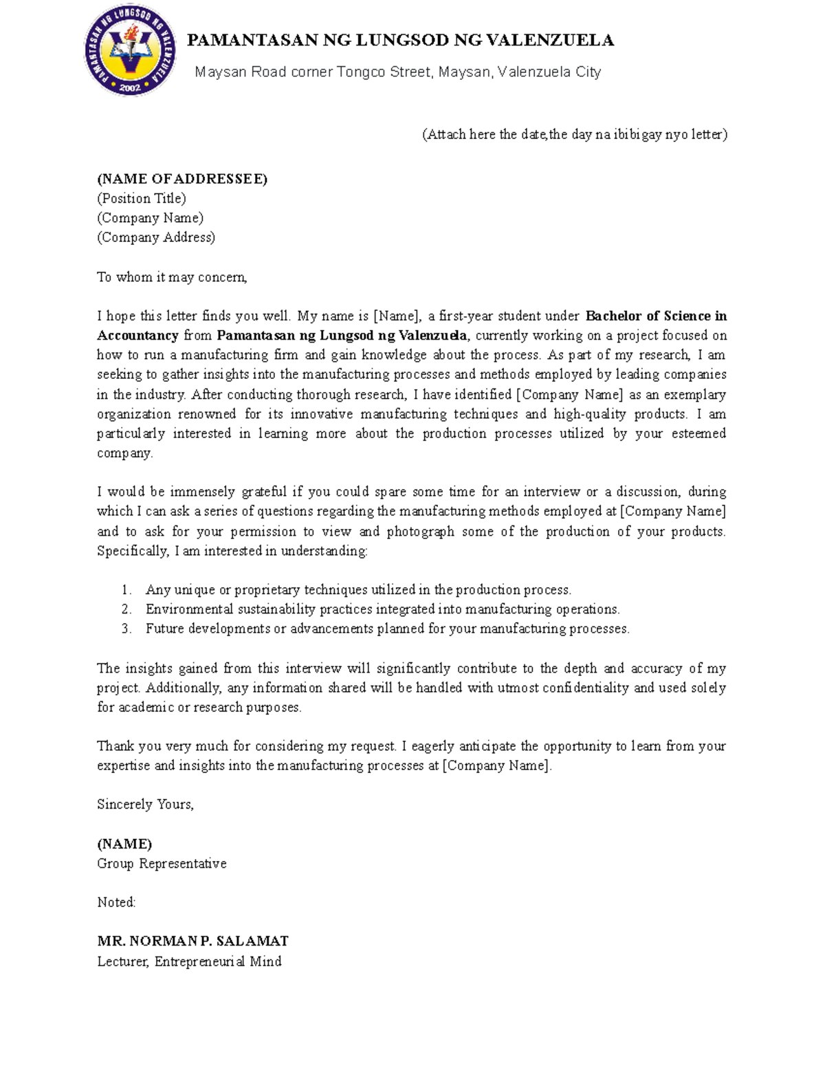 DATA- Gathering- Request - PAMANTASAN NG LUNGSOD NG VALENZUELA Maysan ...
