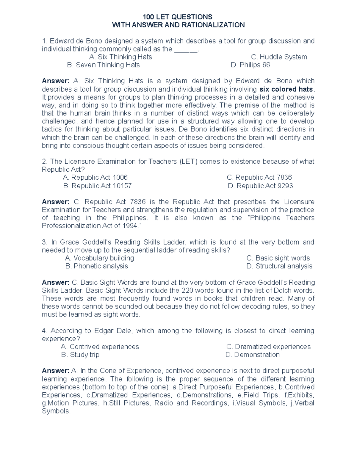 100 Professional Education Reviewer With Answer Key 100 LET