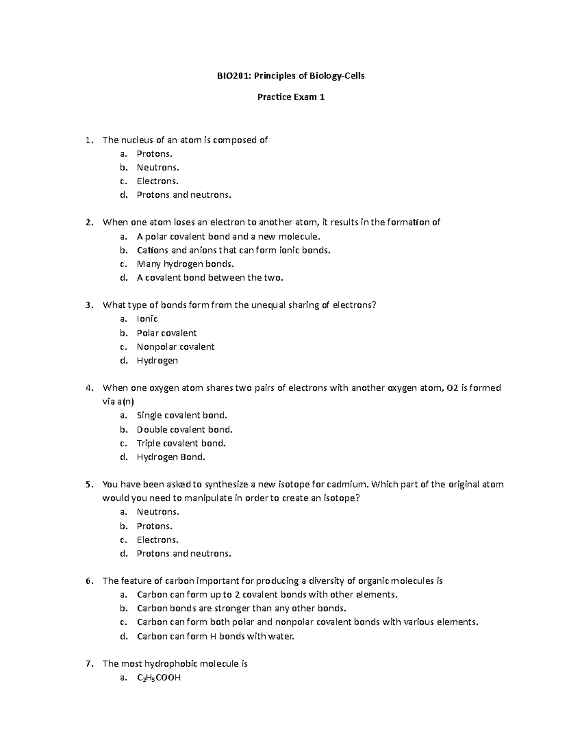 Practice Exam 1 - BIO201: Principles of Biology-Cells Practice Exam 1 ...