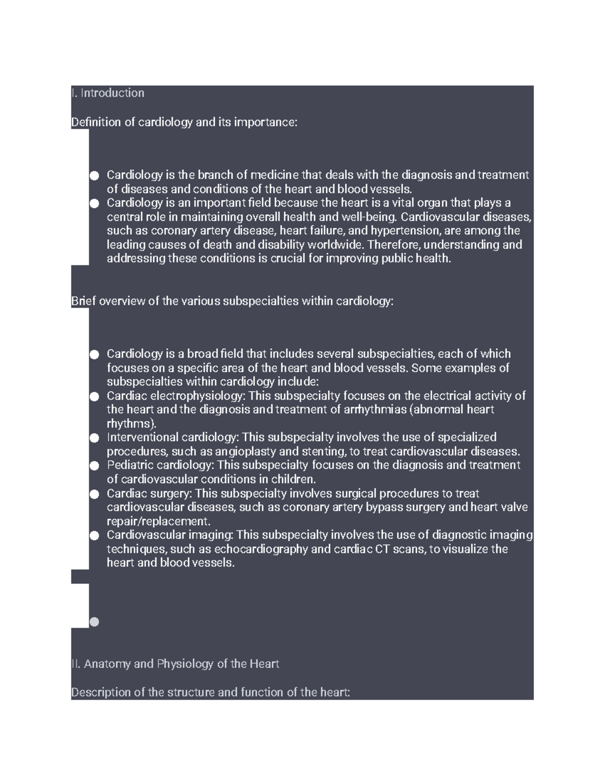 Cardiology 1+2 - I. Introduction Definition of cardiology and its ...