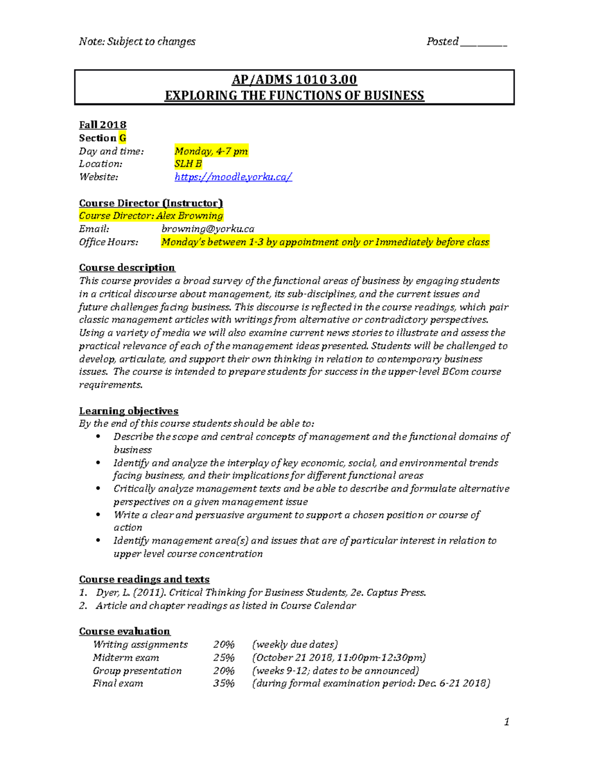 ADMS 1010 F2018 . Course outline. Section G - Note: Subject to changes ...