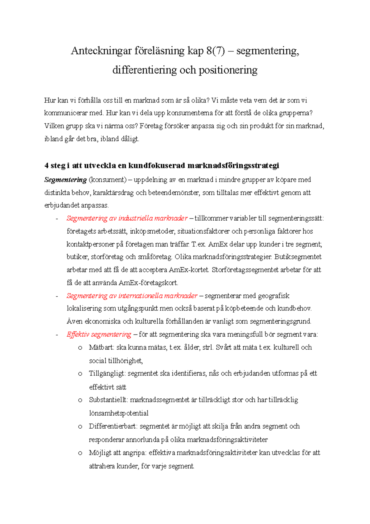 Segmentering, differentiering, positionering kap 8 - Anteckningar ...