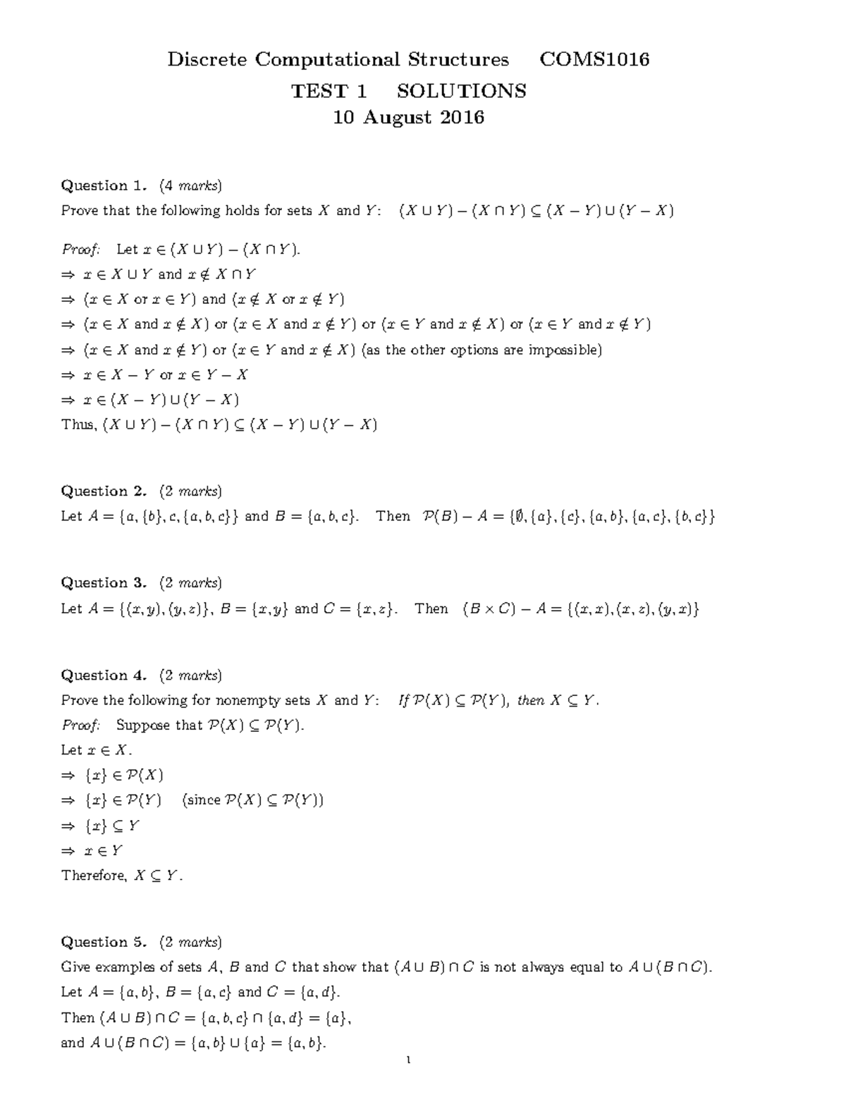 Document Discrete Computational Structures Coms1016 Test 1 Solutions 10 August 2016 Question 1 