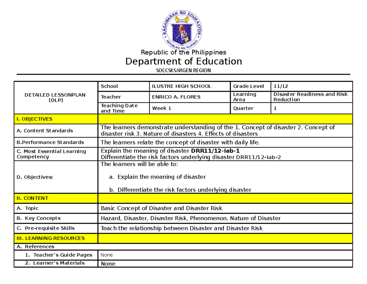 Detailed- Lesson PLAN IN DRR Module Q1 W1 Final - Republic of the ...