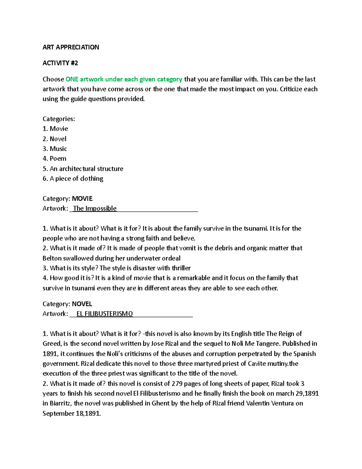 Mm - Activity #2 - ART APPRECIATION ACTIVITY Choose ONE artwork under ...