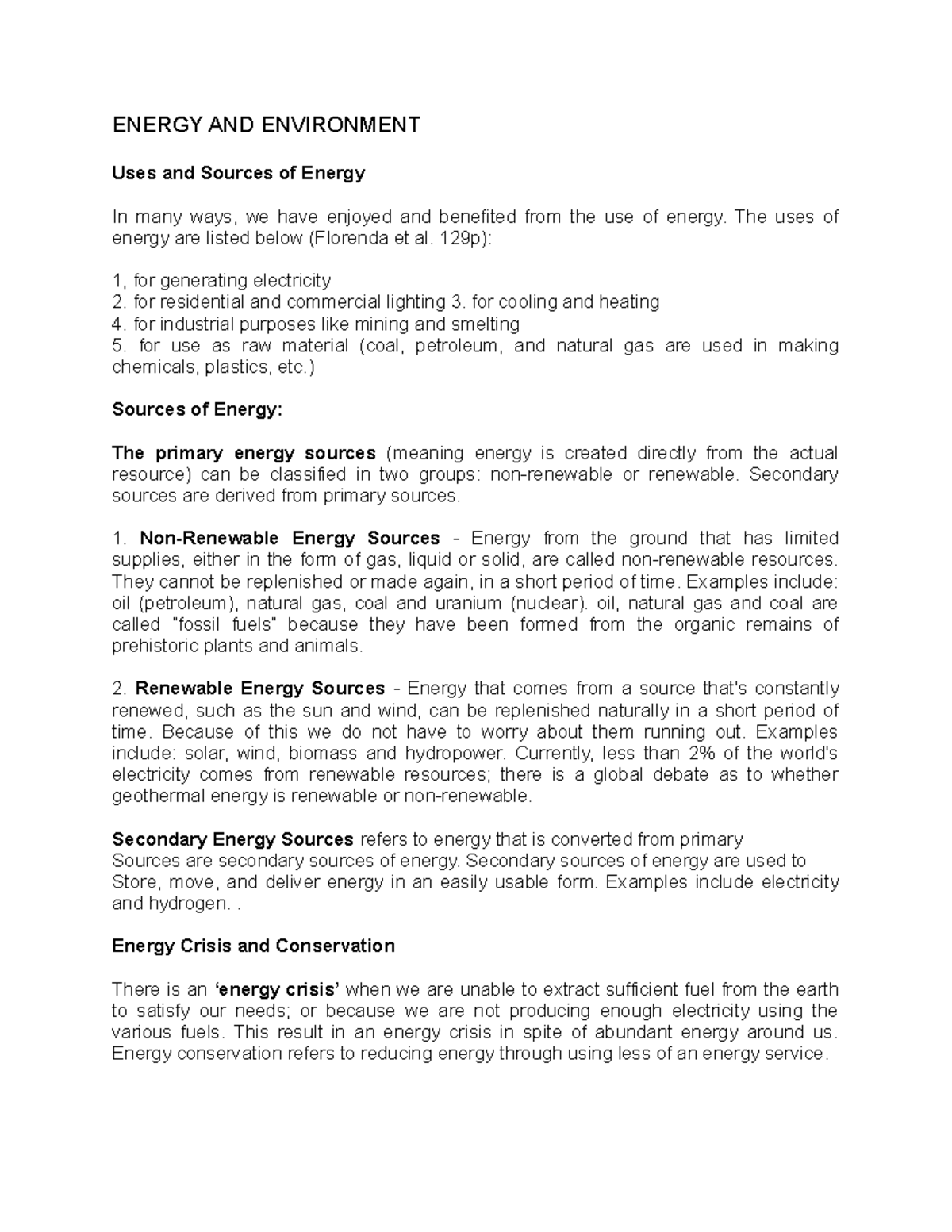 Energy AND Environment - ENERGY AND ENVIRONMENT Uses and Sources of ...