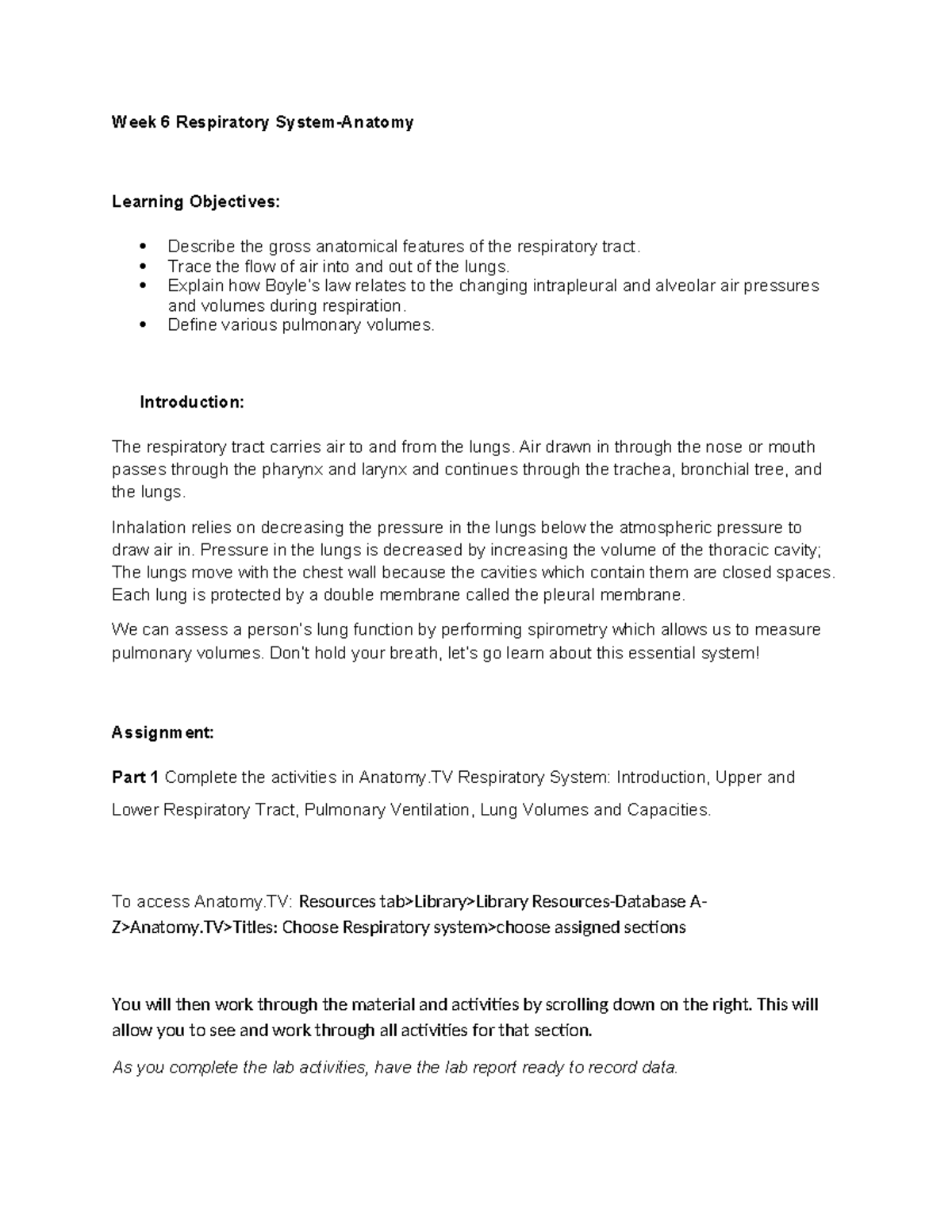 Bios255 Lab Week 6 Week 6 Lab Week 6 Respiratory System Anatomy Learning Objectives 
