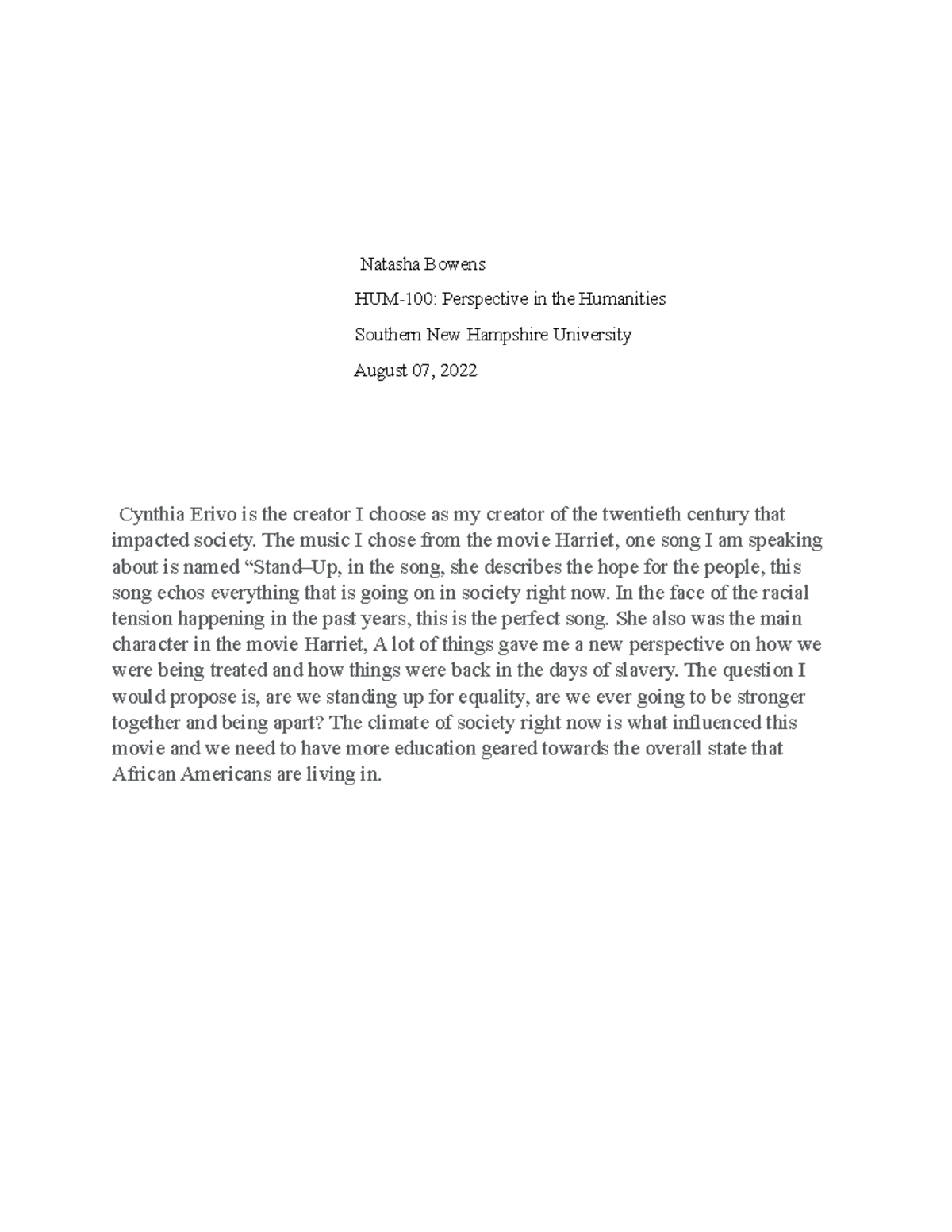 Document 12 hum 100 - 6-1 Short Answer - Natasha Bowens HUM-100 ...