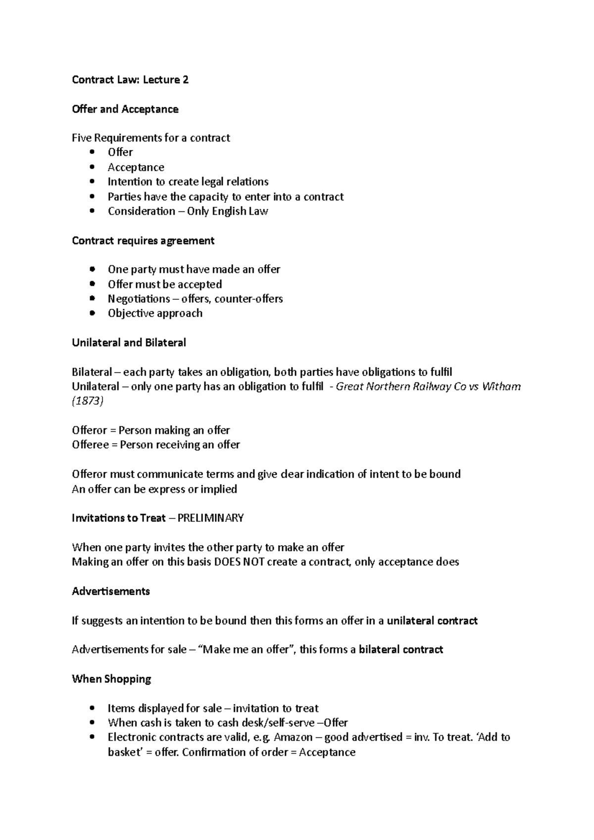 Offer and Acceptance - Contract Law: Lecture 2 Ofer and Acceptance Five ...