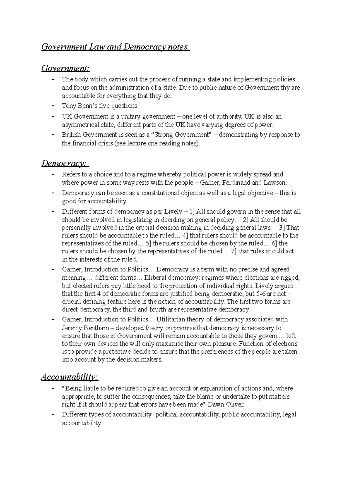 Government Law and Democracy notes - Government: - The body which ...