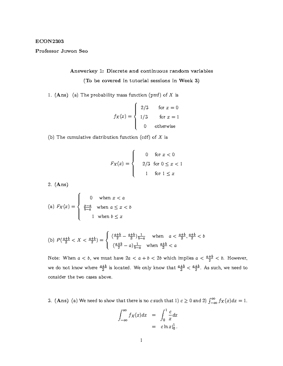 Answerkey 1 - prof seo juwon - ECON Professor Juwon Seo Answerkey 1 ...