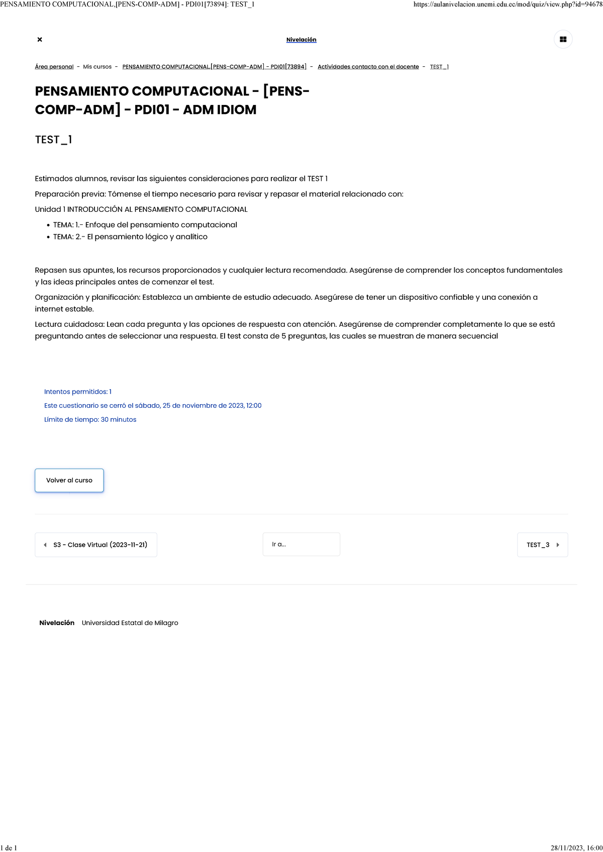 Pensamiento Computacional,[PENS-COMP-ADM] - PDI01[73894 ] TEST 1 - Área ...