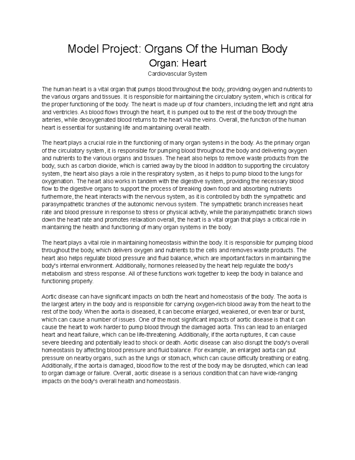 Model Project Organs Of the Human Body - It is responsible for ...