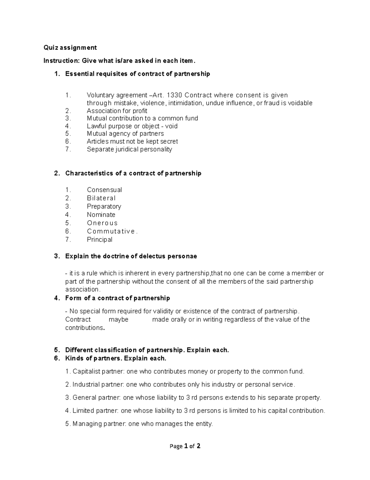 Quiz assignment 1 Partnership - Quiz assignment Instruction: Give what ...
