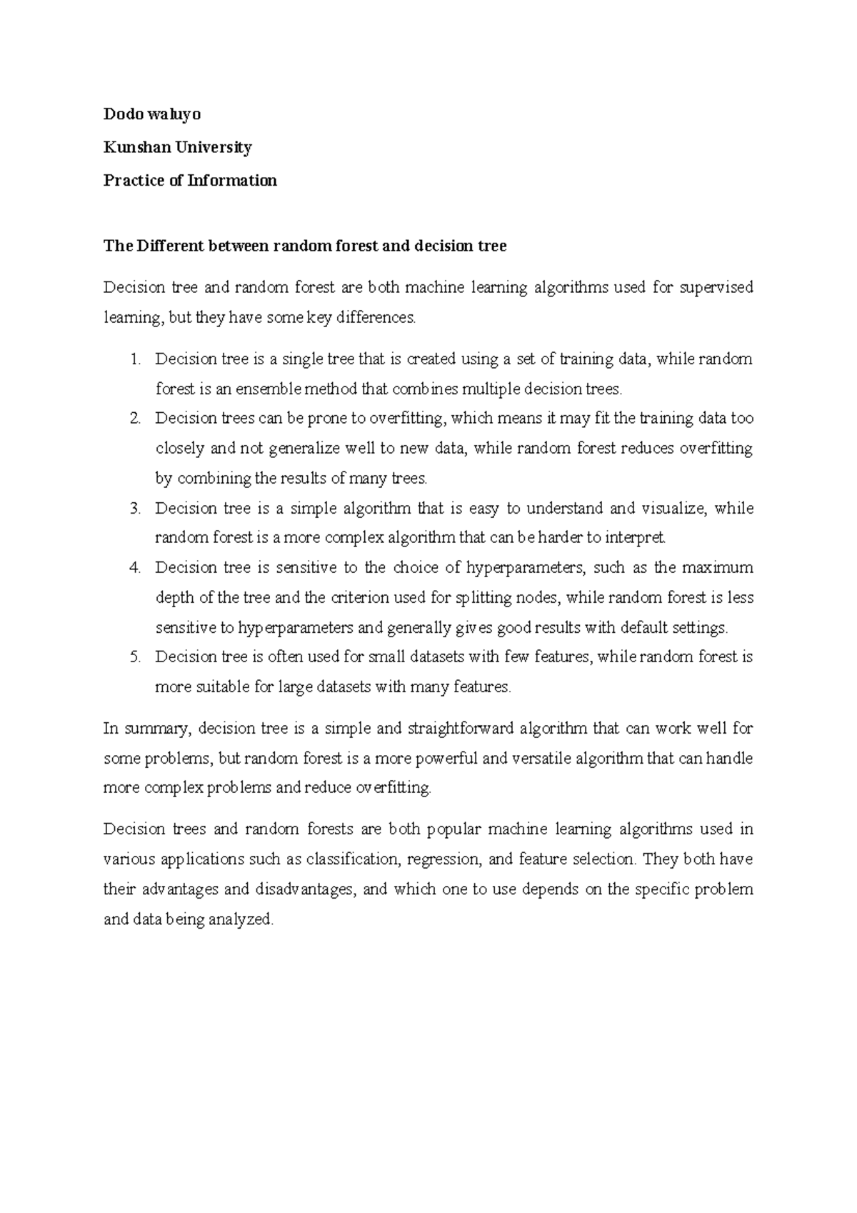 Dodo waluyo assignment POI decision tree and random forest 2 - Dodo waluyo Kunshan University ...