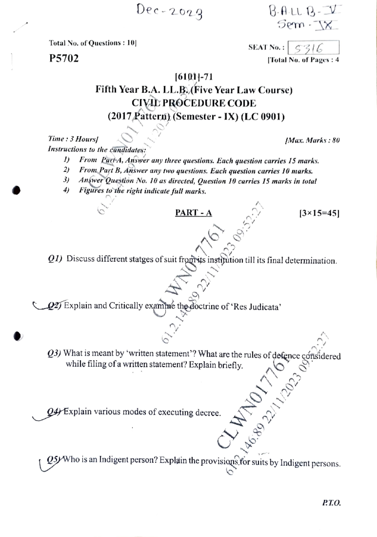BA.LL.B. Sem 9 recent question paper - Dec-2 029 B TotalNo,of Questions ...