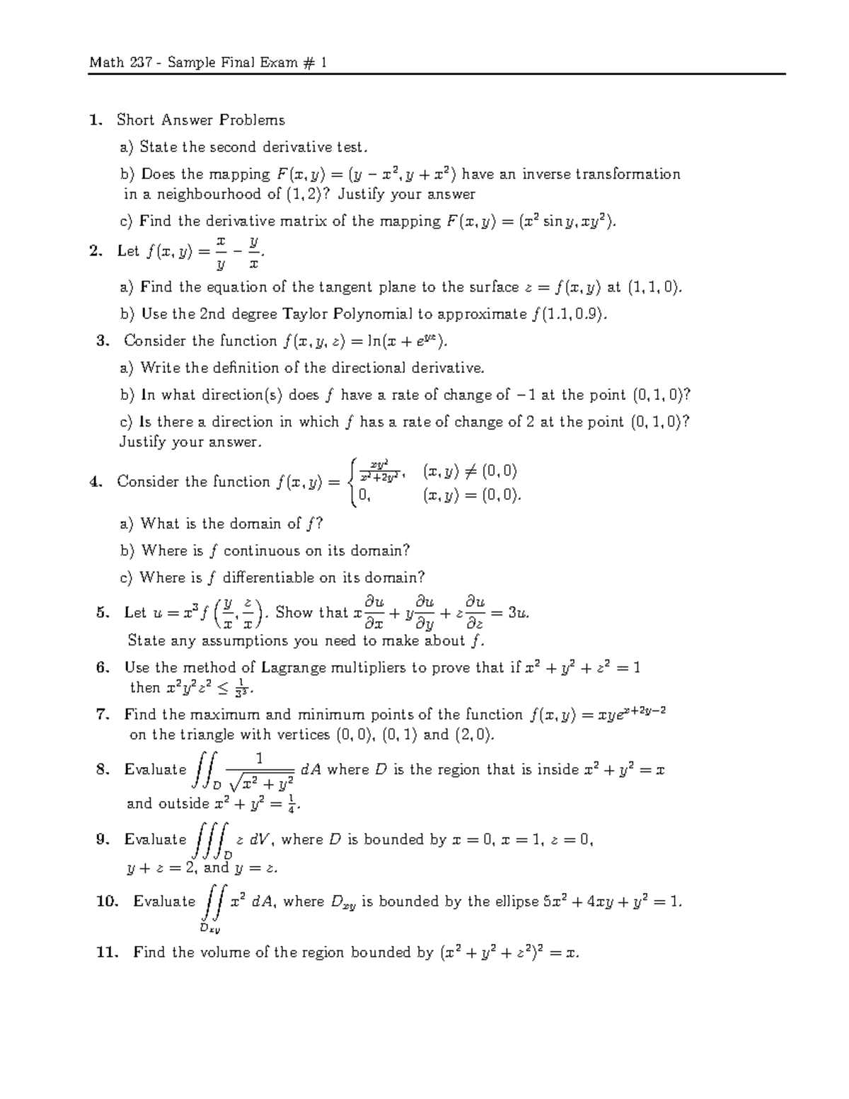 Final exam 1 2019, questions - Math 237 Sample Final Exam 1 1. Short ...
