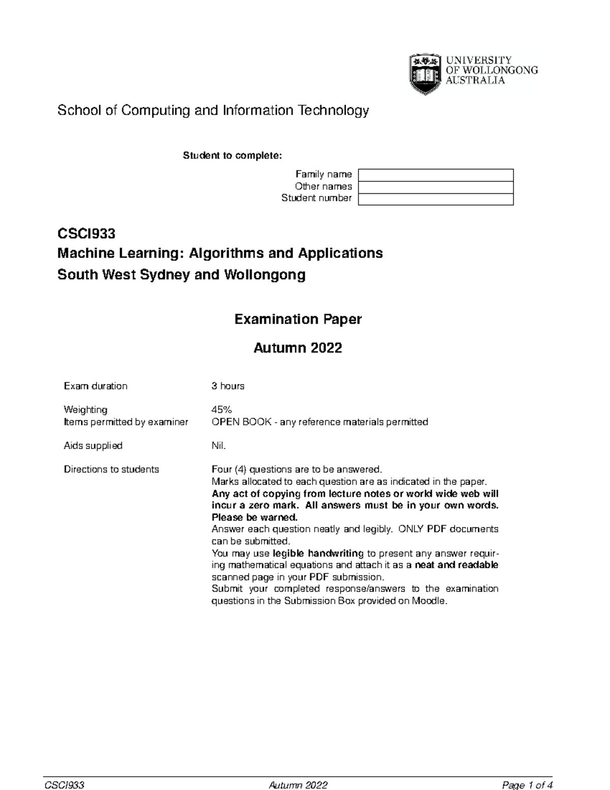CSCI933 2022 - Exam - School of Computing and Information Technology Student to complete: Family ...