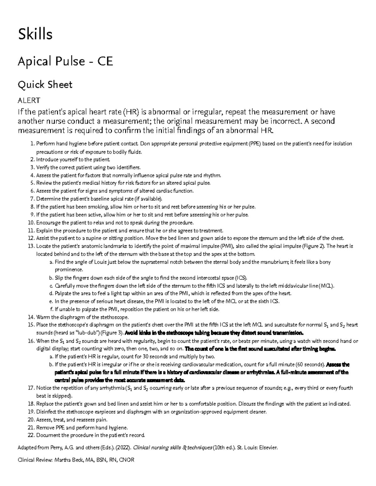 Apical Pulse - Study material - Skills Apical Pulse - CE Quick Sheet ...
