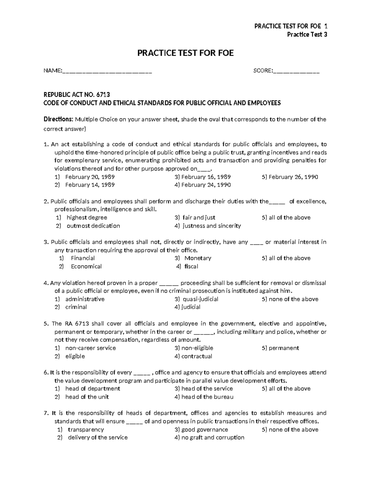 Practice TEST FOR FOE 3 - Practice Test 3 PRACTICE TEST FOR FOE NAME