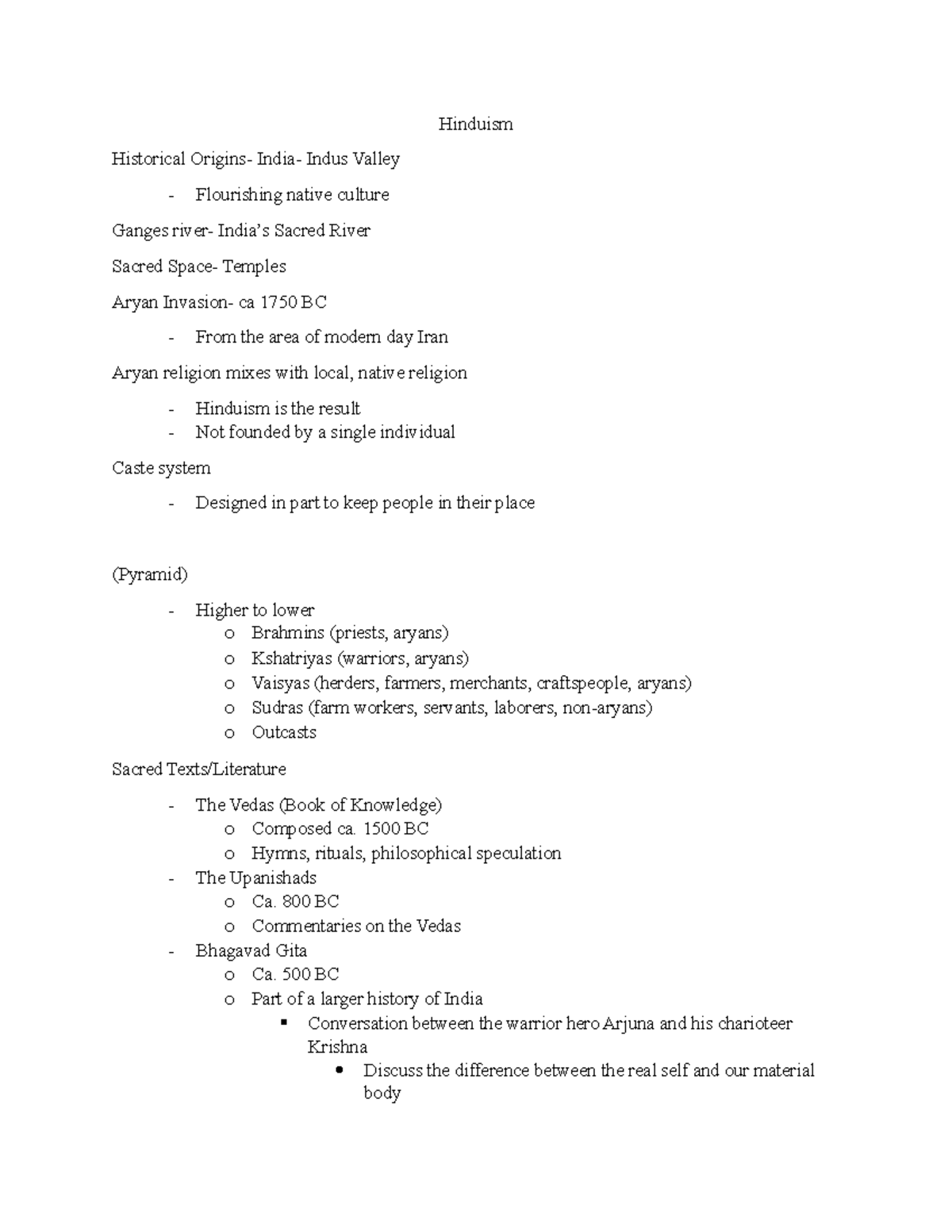 Hinduism - Professor Delaney Lecture notes - Hinduism Historical ...