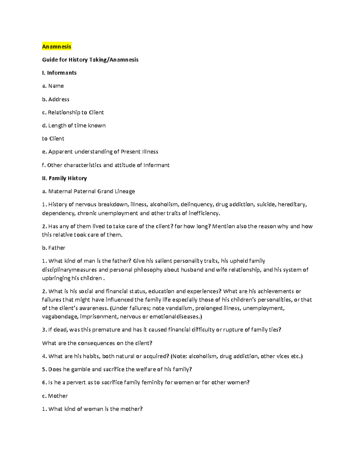 Anamnesis - a patient’s account of his or her developmental, family ...