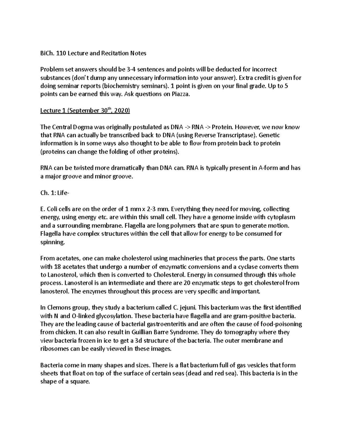 Bi Ch 110 Lecture Notes Bich 110 Lecture And Recitation Notes