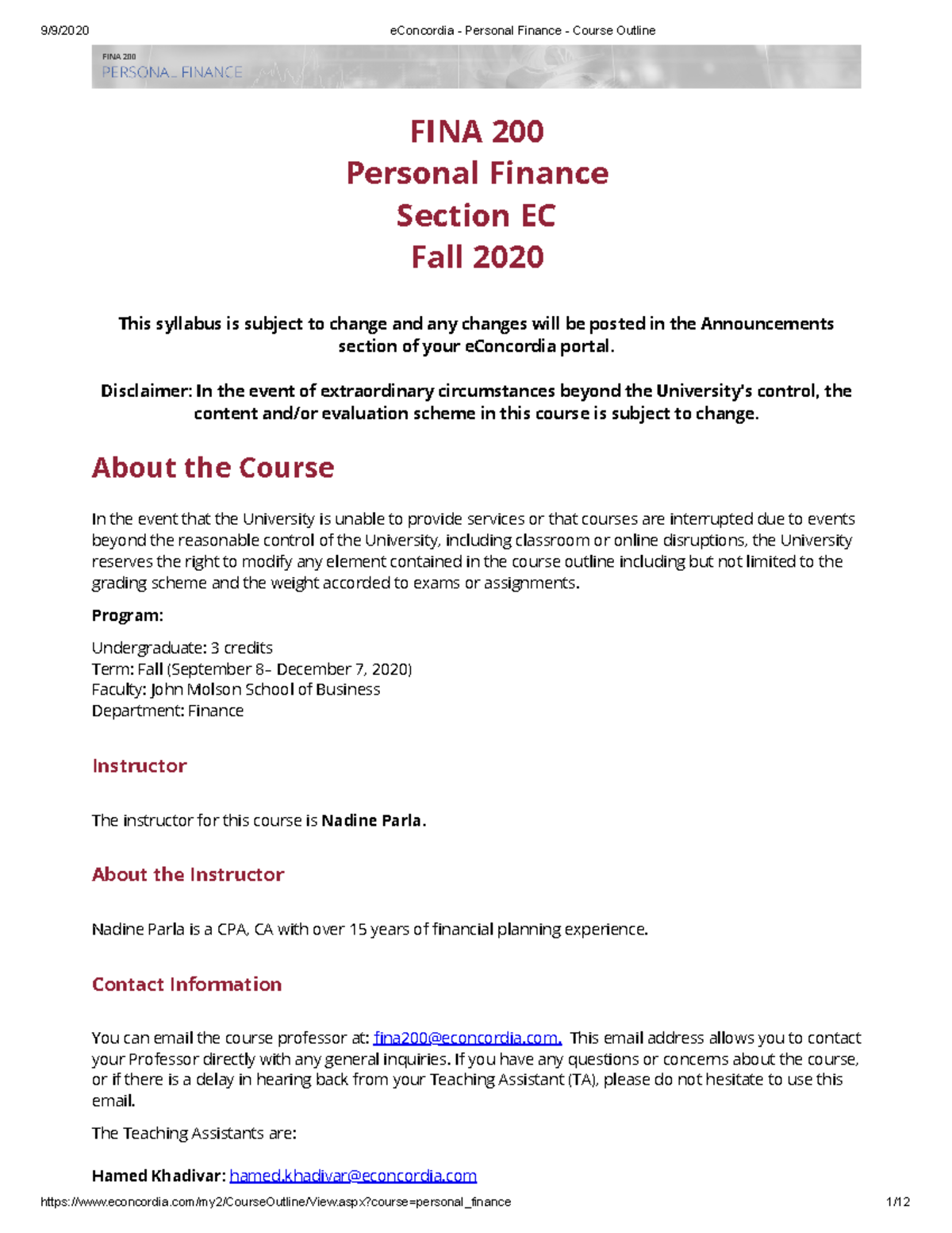 E Concordia - Personal Finance - Course Outline - FINA 200 Personal ...