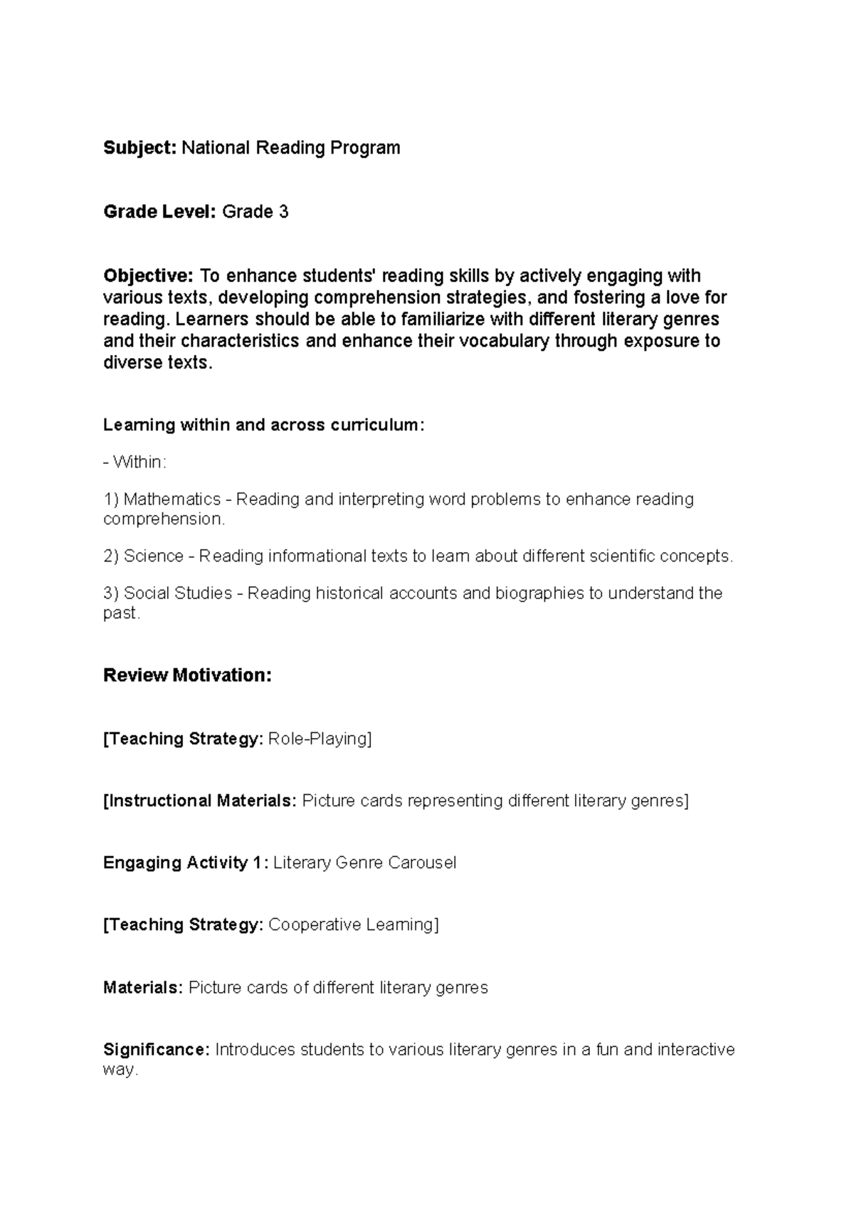 Lesson plan - NRP - Subject: National Reading Program Grade Level ...
