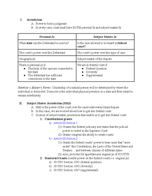Civ Pro Midterm "Cheat" Sheet - Civ Pro Midterm SUBJECT MATTER JURISDICTION 2 Types of SMJ ...
