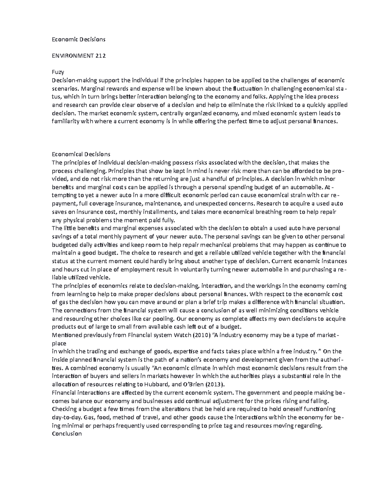 ECO 212 Week 1 Economic Decisions 1 - Economic Decisions ENVIRONMENT ...
