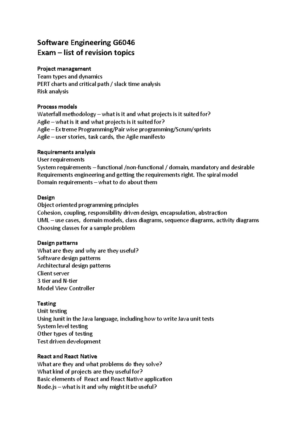Revision List 2021-2022 - So ftware Engineering G604 6 Exam – list of ...