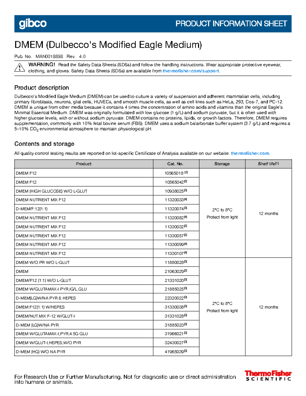 MAN0018898 DMEM IFU - Tabla de datos medio dmem - DMEM (Dulbecco's Modified Eagle Medium) Pub ...