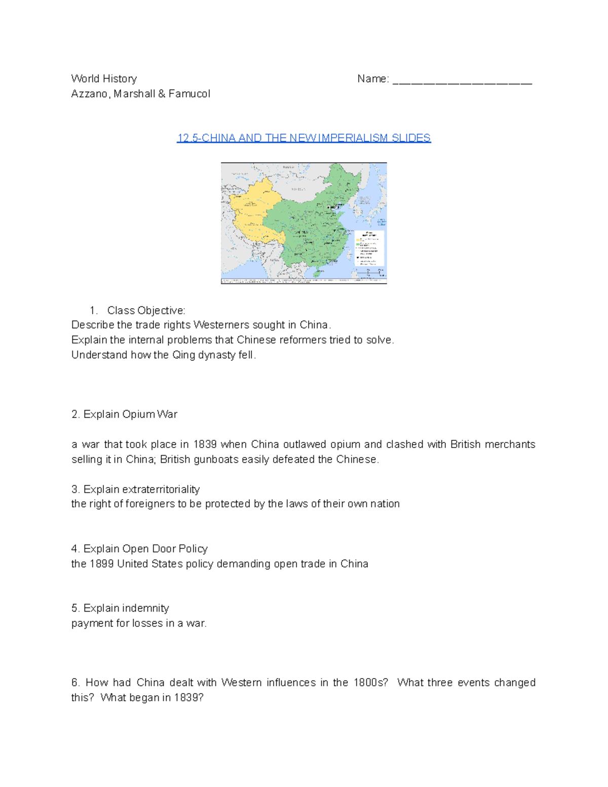 China and the New Imperialism Note Sheet - World History Name ...