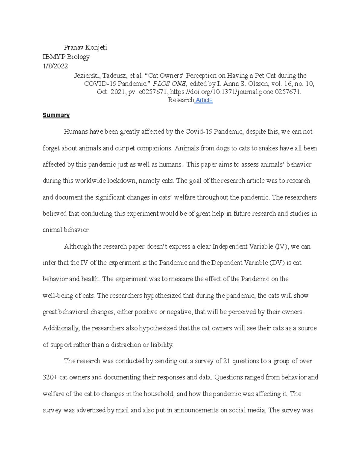 Journal Critique Cat owners’ perception on having a pet cat during the ...