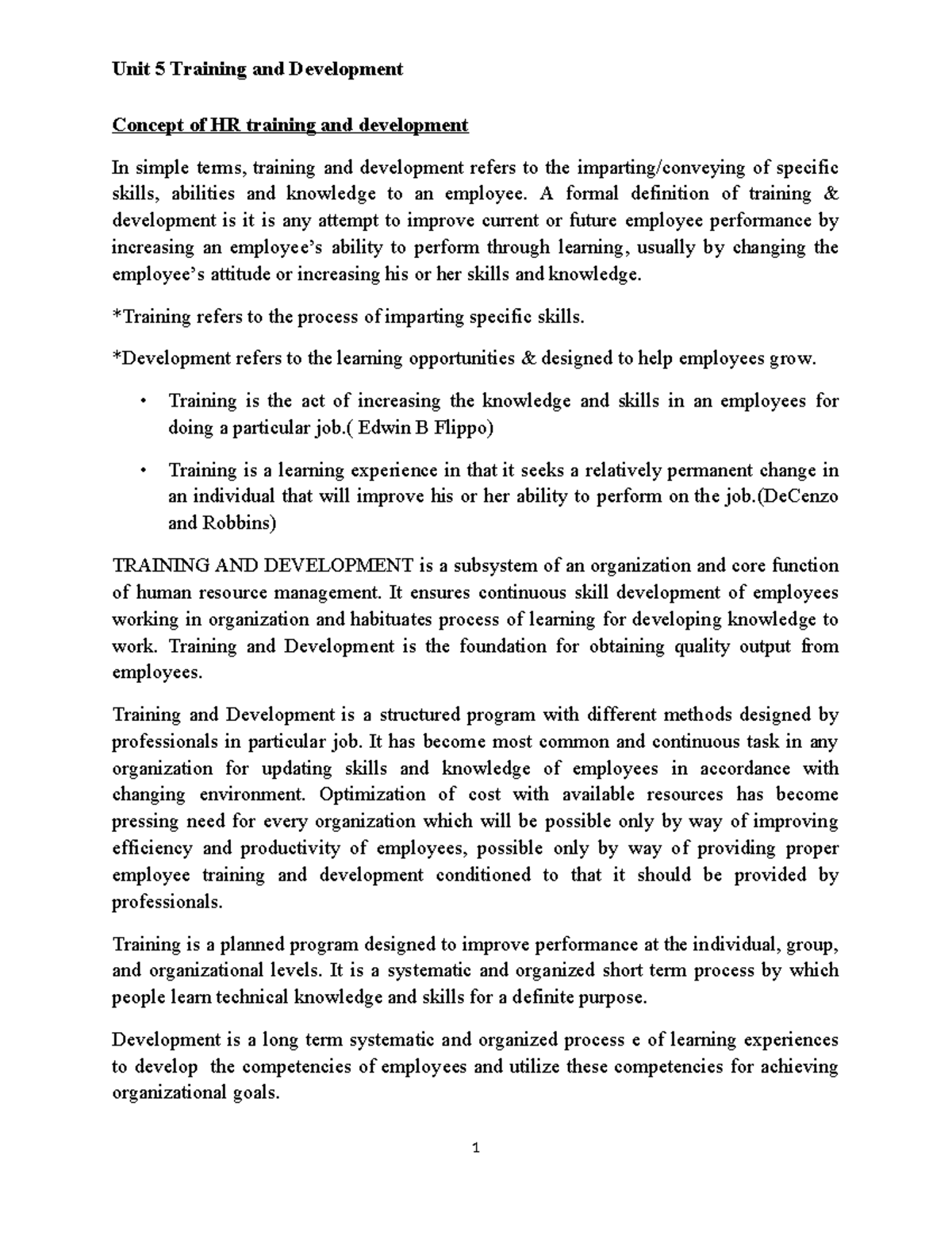 Unit five HRM notes - Concept of HR training and development In simple ...