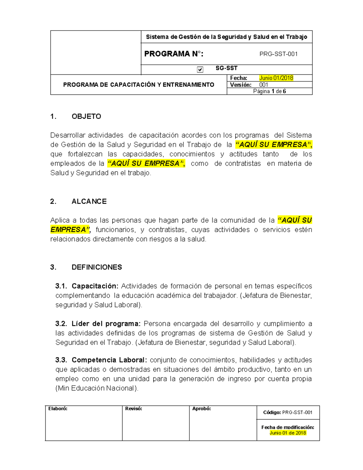 Anexo 3 Programa de Capacitación y Entrenamiento - PROGRAMA N°: PRG-SST- SG-SST PROGRAMA DE ...