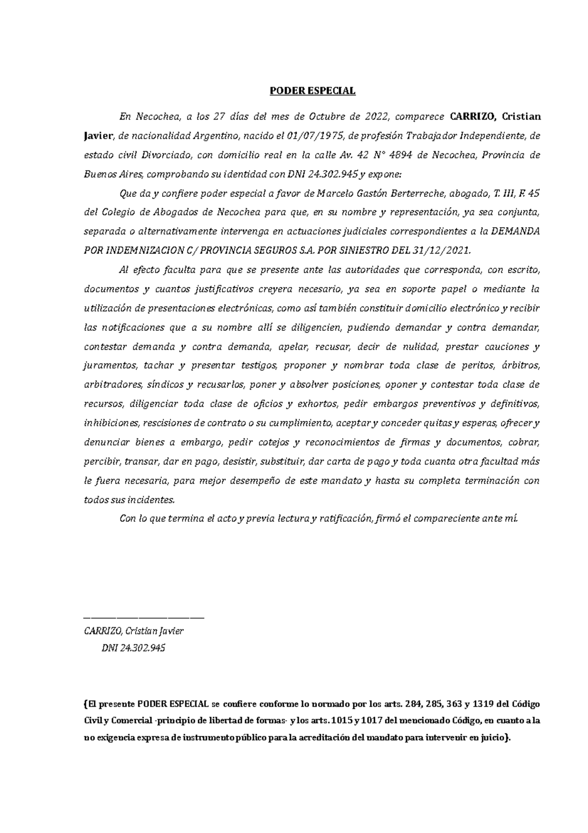 Modelo-DE- Poder- Especial 0 - PODER ESPECIAL En Necochea, a los 27 ...