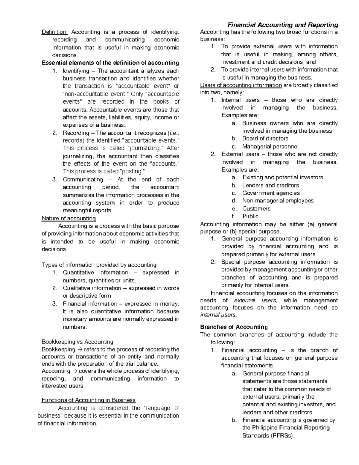 Reviewer - Fundamentals of Accounting - Definition: Accounting is a ...