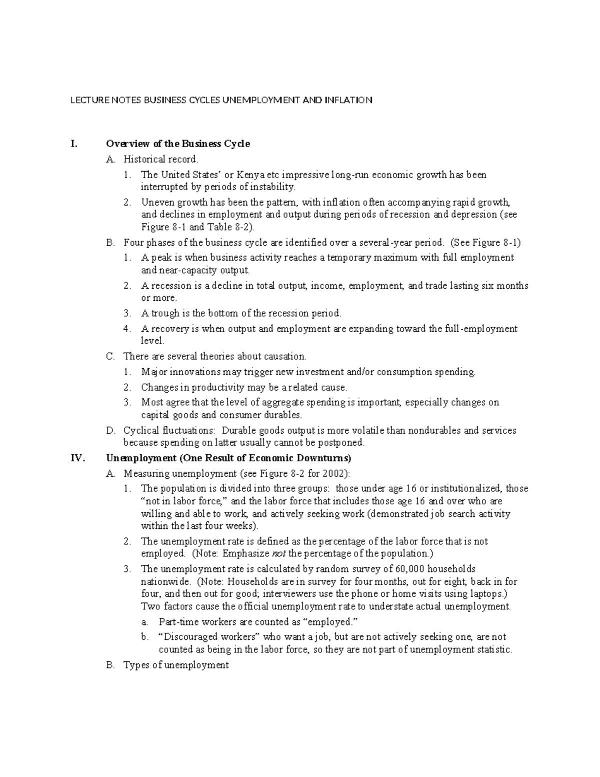 Lecture Notes Business Cycles Unemployment AND Inflation - LECTURE ...
