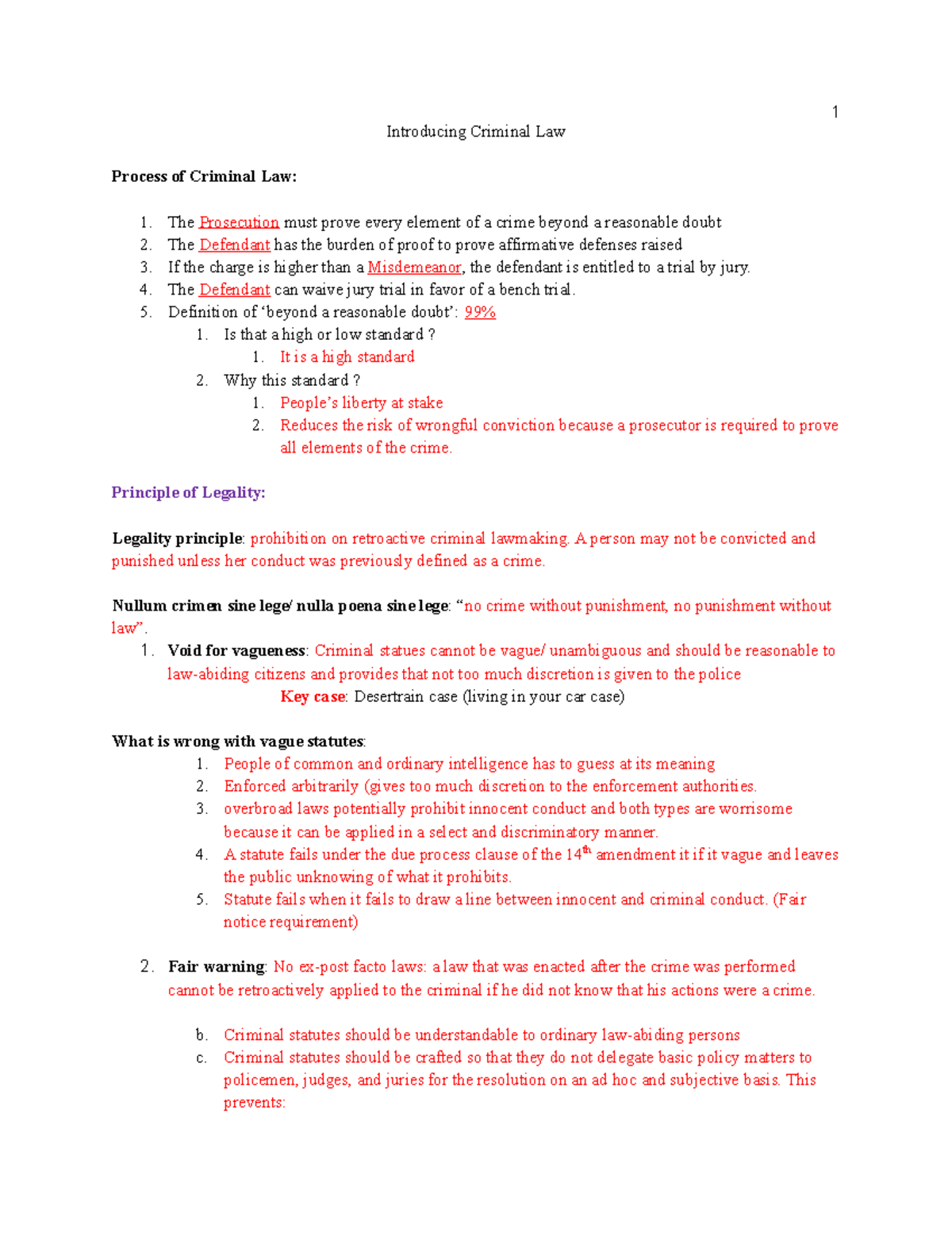 Criminal Law Outline - 1 Introducing Criminal Law Process of Criminal ...