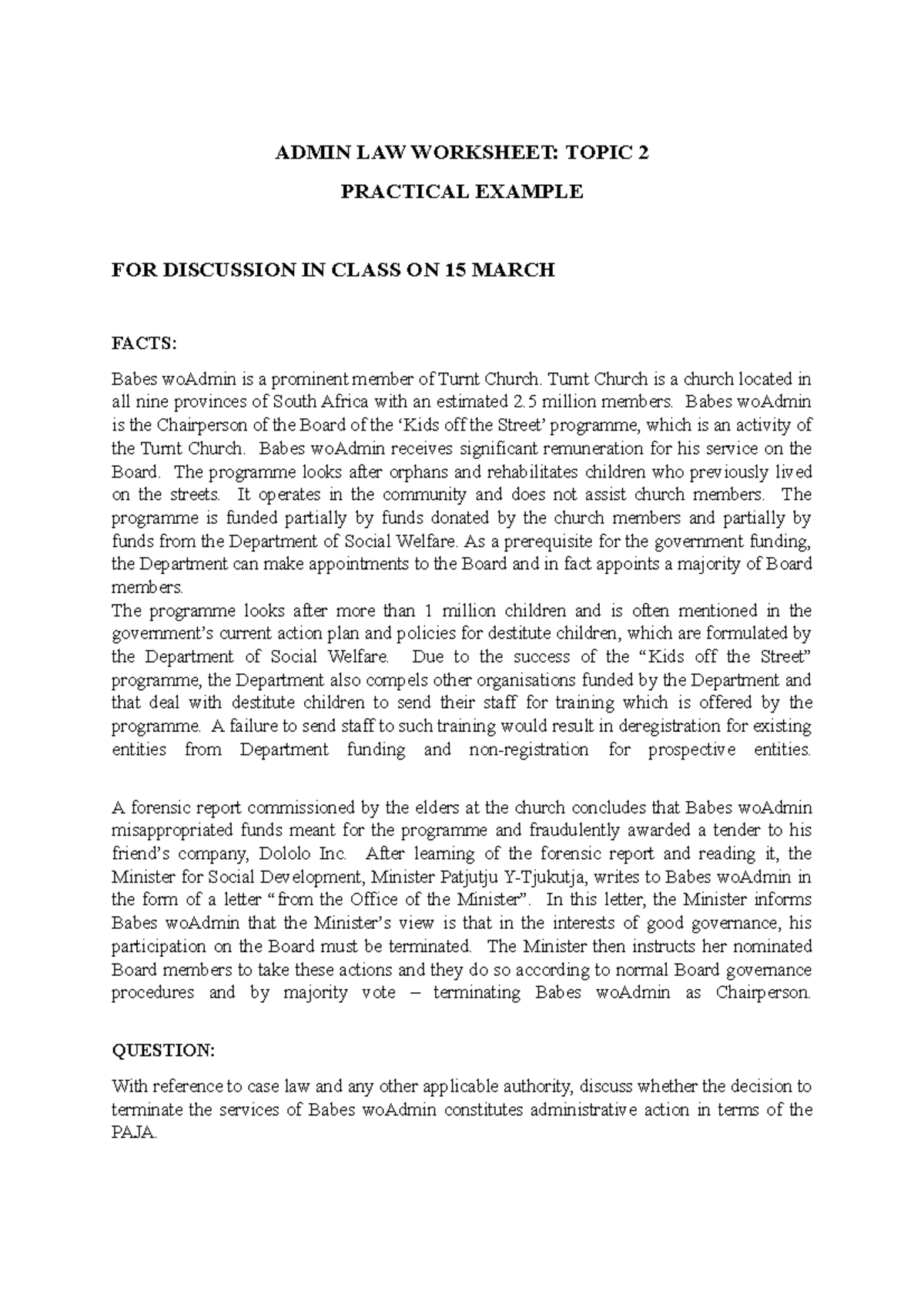 Admin LAW - Worksheet 2 ( Topic 2) - ADMIN LAW WORKSHEET: TOPIC 2 ...